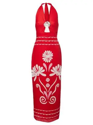 CALA DE LA CRUZ Orly Printed Halterneck Linen Midi Dress - Red