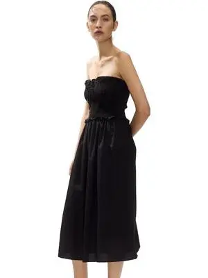 H&M Smocked-bodice Bandeau Midi Dress - Black