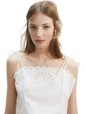 H&m Broderie Anglaise Tie-strap Cotton Poplin Top - Ivory