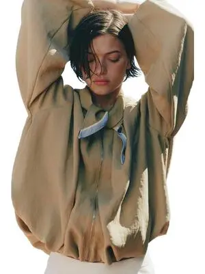 H&m Bubble Hem Jacket With Detachable Scarf - Beige