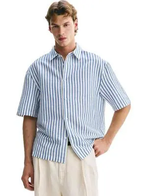 H&M Relaxed-fit Short-sleeved Linen-blend Shirt - Blue/striped