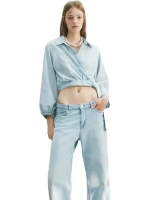 H&m Denim Wrap Blouse With Balloon Sleeves - Pale Denim Blue