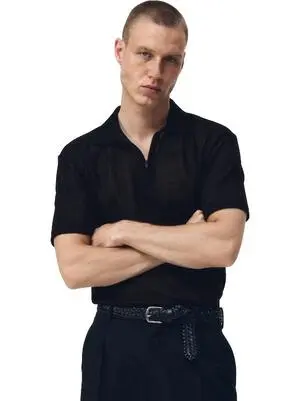 H&m Regular Fit Hole-knit Polo Shirt - Black