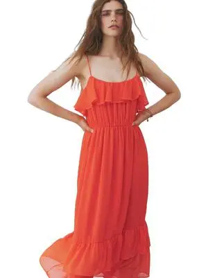 H&m Flounced Chiffon Maxi Dress - Red