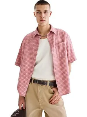 H&m Relaxed Fit Short-sleeved Cotton Shirt Pink/checked