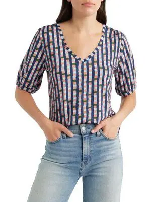 NIC+ZOE Striped Cotton & Modal V-neck Top - Indigo Multi