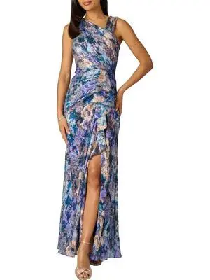 Adrianna Papell Floral Metallic Crinkle Asymmetric Neck Gown - Blue Multi