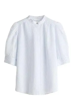 H&m Puff-sleeved Blouse With Band Collar - Blue/striped