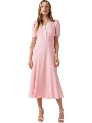GHOST LONDON Elodie Contrast Collar Midi Dress - Pink