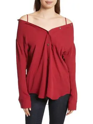 Theory Silk Off-the-shoulder Shirt - Bright Raspberry