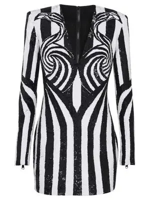 Balmain Ls Embroidered Stripe Short Dress - Black