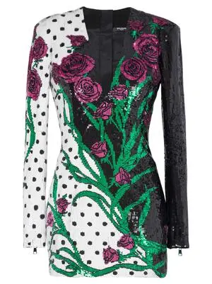 Balmain Embroidered Roses And Polka Dots Mini Dress - Multicolor