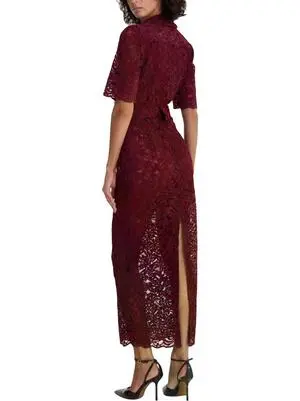 MOOS STUDIO Belted Lace Midi Dress - Red