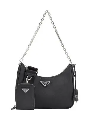 Prada Saffiano Leather Shoulder Bag With Chain Strap And Detachable Pouch - Black