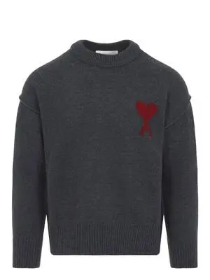 AMI Paris AMI PARIS Wool Crewneck Sweater With Red Logo Inlay Gray