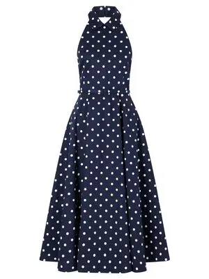 Carolina Herrera Belted Halter-neck Polka-dot Cotton-blend Twill Midi Dress - Blue