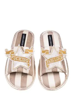 LAINES LONDON Laines London Flatform Stripe Open Toe Slippers With "Fucking Fabulous" Brooches Brown/white