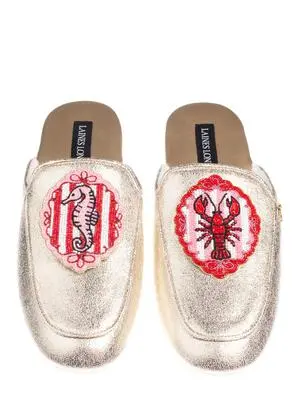 LAINES LONDON Laines London Classic Mules With Embroidered Lobster And Seahorse Brooches Gold
