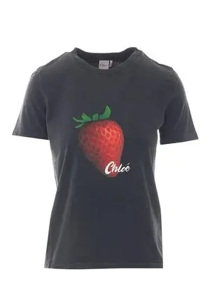 Chloé Short Sleeve Crewneck T-shirt With Strawberry Graphic - Black