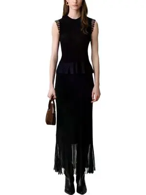 Claudie Pierlot Ribbed Knit Ruffled Sleeveless Top - Black