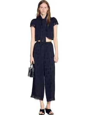Sandro Fluid Paisley Jacquard Trousers With Lace Detail - Black