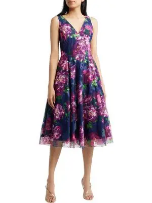 Eliza J Floral Print Sleeveless V-neck Cocktail Dress - Navy Multi