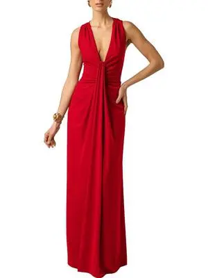 Adrianna Papell Ruched Drape Sleeveless Jersey Gown - Red