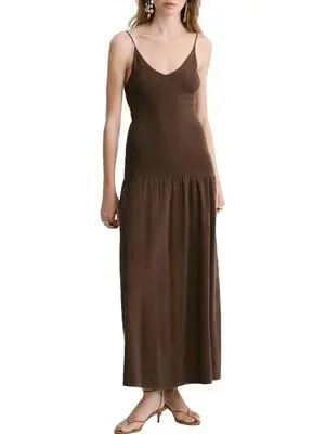 Mango Sleeveless V-neck Midi Dress With Gathered Skirt - Chocolate