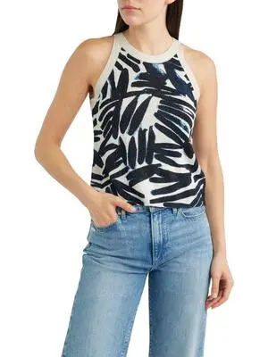 NIC+ZOE Sleeveless Jewel Neck Palm Print Sweater Tank With Metallic Accents - Indigo Multi