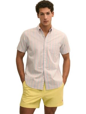 Brooks Brothers Friday Shirt, Short-sleeve Oxford Stripe Hydrangea