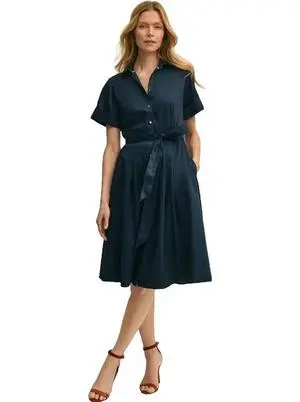 Brooks Brothers Cotton Sateen Belted Shirt Dress With Cuffed Short Sleeves - Navy