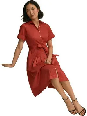 Brooks Brothers Cotton Sateen Belted Shirt Dress With Cuffed Short Sleeves - Red