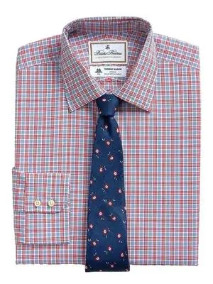 Brooks Brothers X Thomas Mason Cotton Poplin Ainsley Collar, Check Dress Shirt - Red