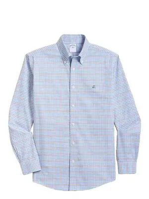Brooks Brothers Stretch Non-iron Cotton-oxford Polo Button-down, Check Sport Shirt - Vista Blue