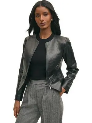 Brooks Brothers Leather Croc-embossed Collarless Jacket - Black