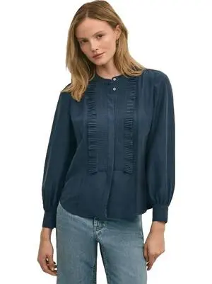 Brooks Brothers Silk Habotai Pintucked Blouse - Navy