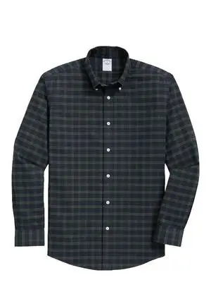 Brooks Brothers Stretch Non-iron Oxford Button-down Collar, Black Watch Shirt - Navy