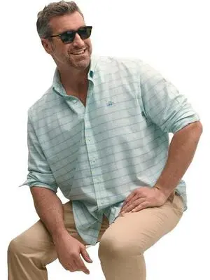 Brooks Brothers Big & Tall Stretch Cotton Non-iron Oxford Polo Button Down Collar, Windowpane Shirt - Turquoise