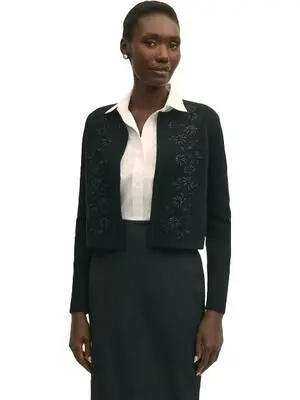 Brooks Brothers Merino Wool-cotton Blend Floral Embellished Cardigan - Black