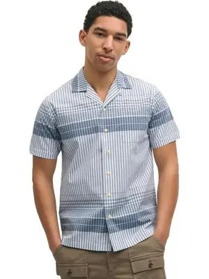 Brooks Brothers Cotton Camp Collar, Border Plaid Short-sleeve Shirt - Navy