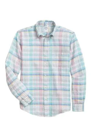 Brooks Brothers Irish Linen Polo Button Down Collar, Multi Plaid Shirt - Multicolor
