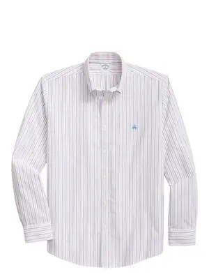 Brooks Brothers Stretch Cotton Non-iron Oxford Polo Button-down Collar, Alternating Stripe Shirt - Pink
