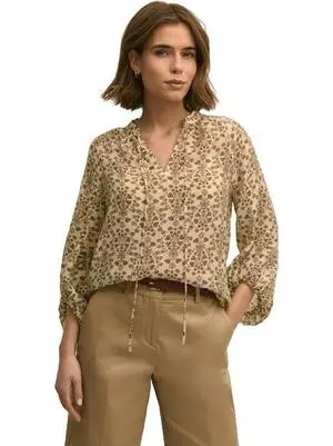 Brooks Brothers Crinkle Texture Floral Popover Blouse - Tan/olive