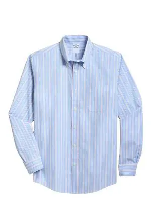 Brooks Brothers Stretch Cotton Non-iron Broadcloth Polo Button-down Collar, Stripe Sport Shirt - Light Blue