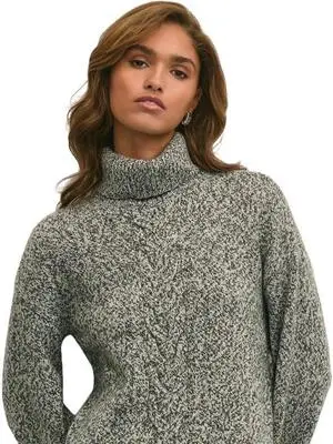 Brooks Brothers Merino Wool Blend Marled Cable-Knit Turtleneck Sweater Black