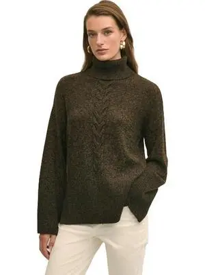 Brooks Brothers Merino Wool Blend Marled Cable-Knit Turtleneck Sweater Brown