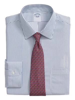 Brooks Brothers Explorer Collection Non-iron Twill Ainsley Collar, Stripe Dress Shirt - Navy
