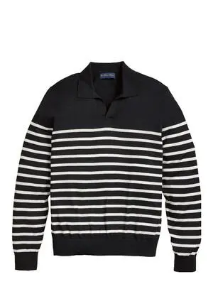 Brooks Brothers Supima Cotton Mariner Stripe Johnny Collar Sweater - Black