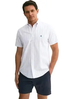 Brooks Brothers Stretch Cotton Non-iron Oxford Polo Button Down, Double-stripe Short Sleeve Sport Shirt - Blue