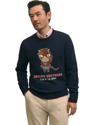 Brooks Brothers Merino Wool-blend Intarsia Crewneck Sweater With Horse Design - Navy